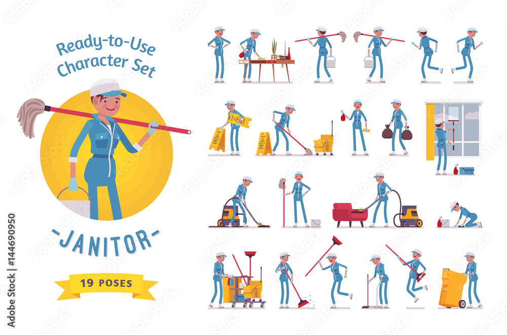 Ready-to-use female janitor character set, various poses and emotions ...