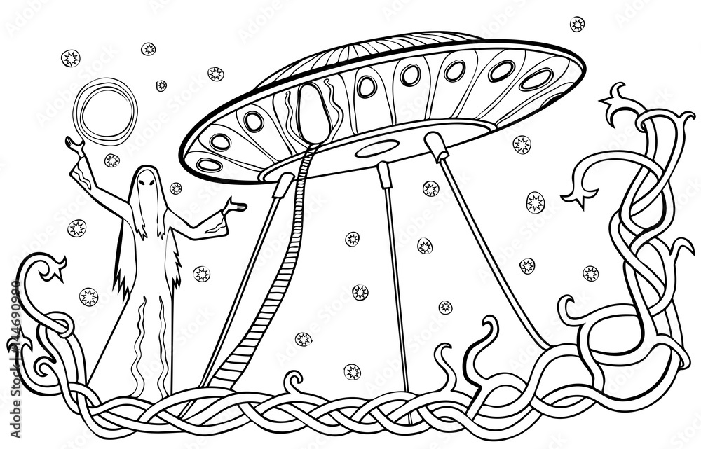 Vector illustration alien and flying saucer UFO, fantasy symbol of ...