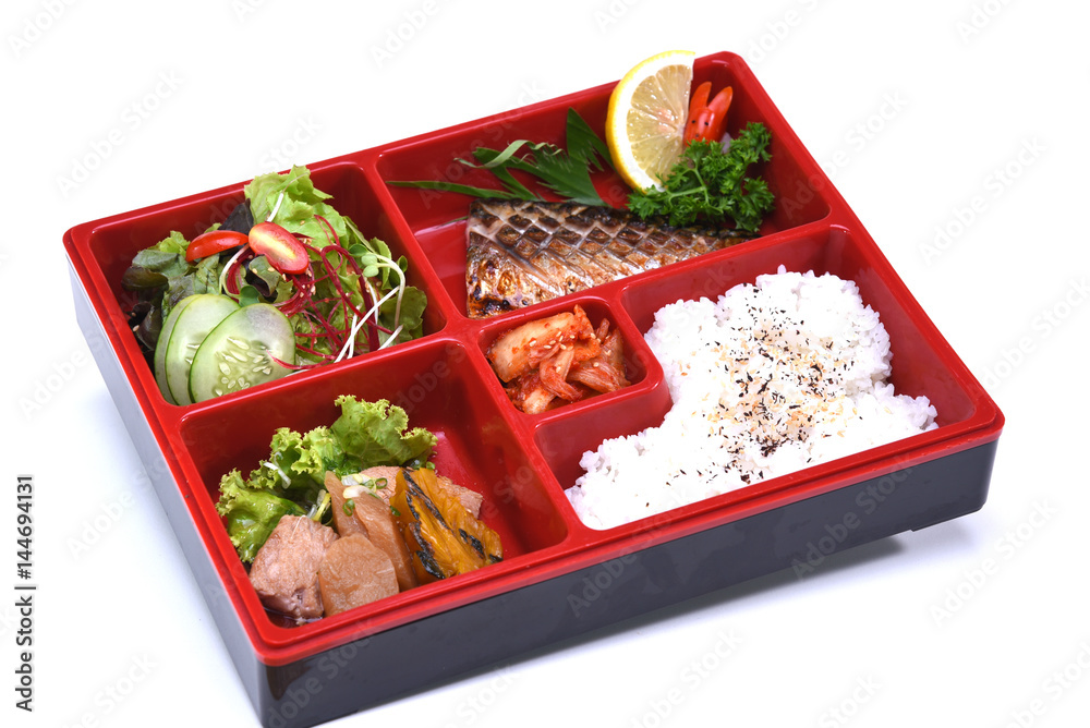 Saba Bento Set , Lunch box of Grilled Saba fish isolated on white ...
