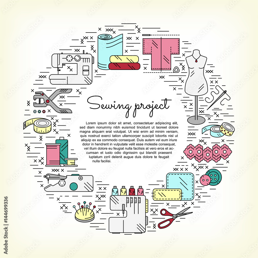 Circle collage with sewing icons. Place for text in centre. Accessories ...