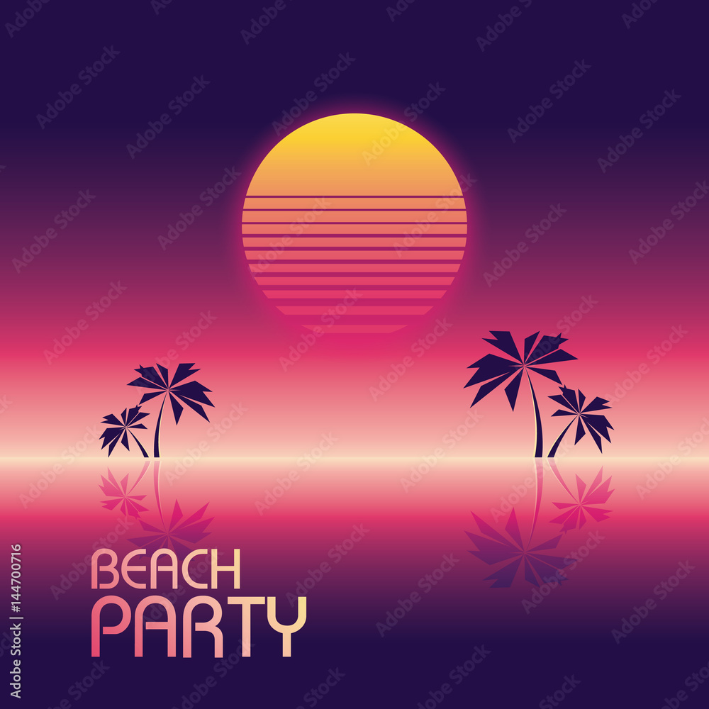 Beach party poster vector template in retro 80s neon glowing style with ...