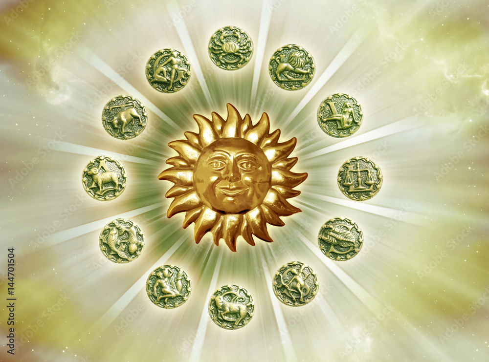 astrology background with sun and zodiac symbols with rays of light ...