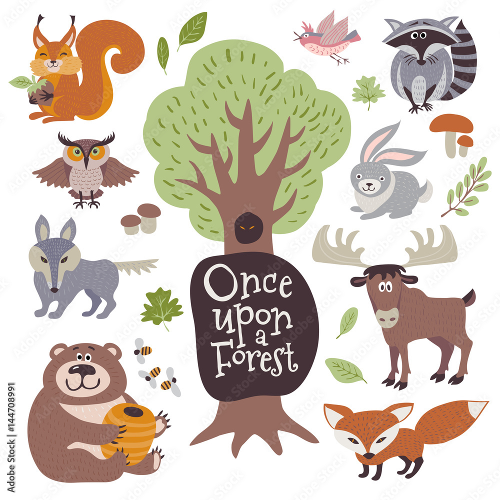 Cute cartoon and wild woodland animals and forest floral elements ...