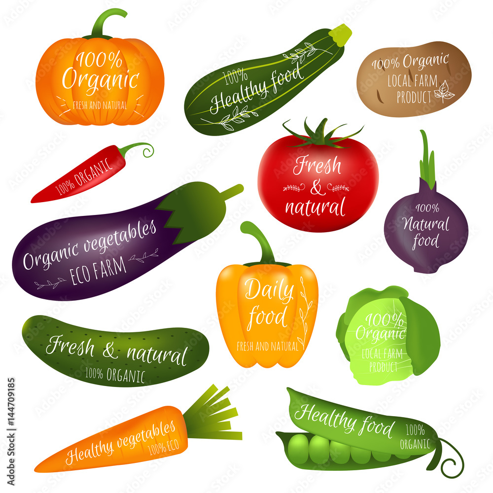Set of vegetables labels with sample text. Collection of realistic ...