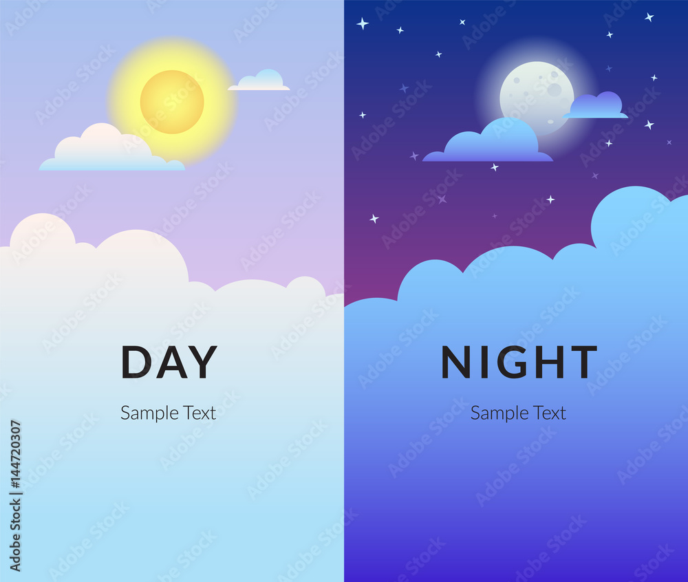 Half day and night, sun and moon with clouds. Gradient desigh vector ...