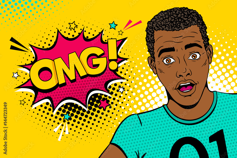 Wow pop art male face. Young sexy surprised african american black man ...