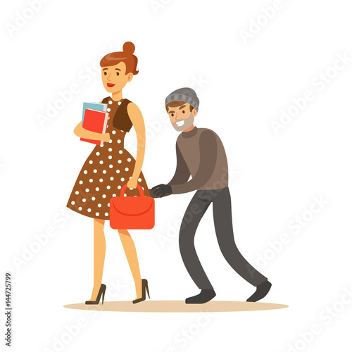 Vecteur Stock Pickpocket Trying To Steal Bag From Girl Colorful