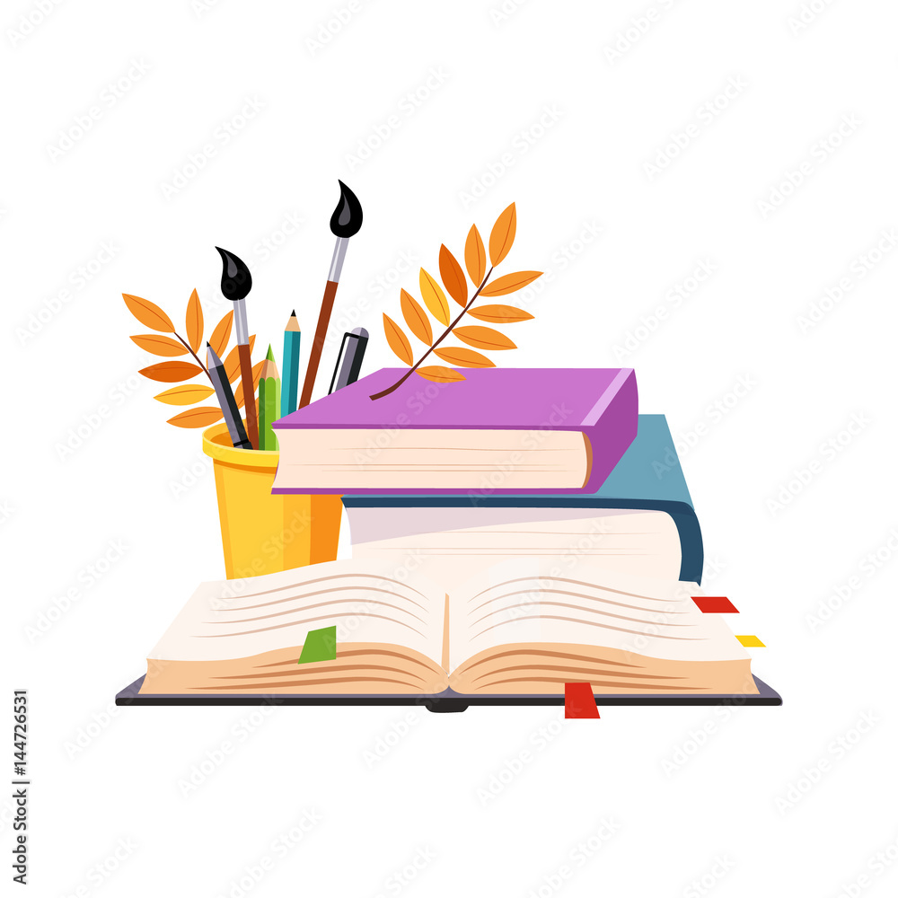 Books Pile And Writing Tools, Set Of School And Education Related ...