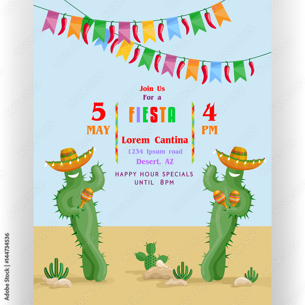 Fiesta poster template with smiling cacti in sombreros, text customized ...