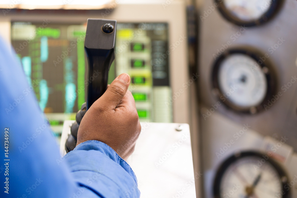 Joystick control handle inside oil rig driller cabin Stock Photo ...