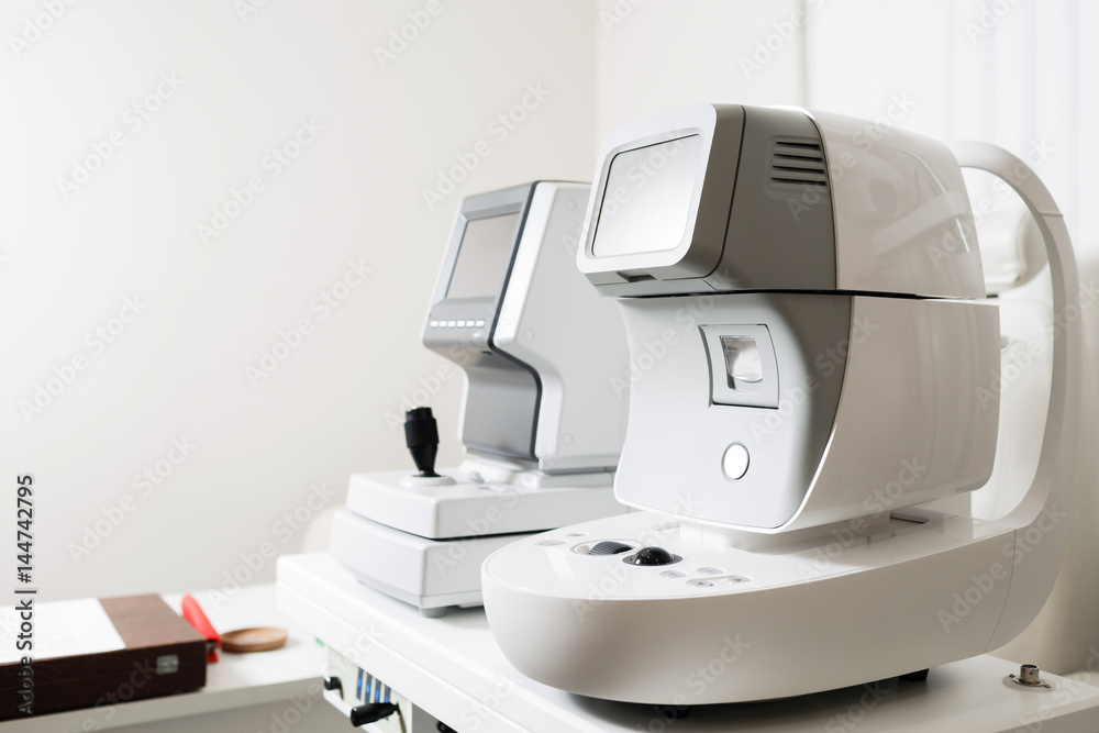 Modern eye testing device standing in the lab. Tonometer in ...
