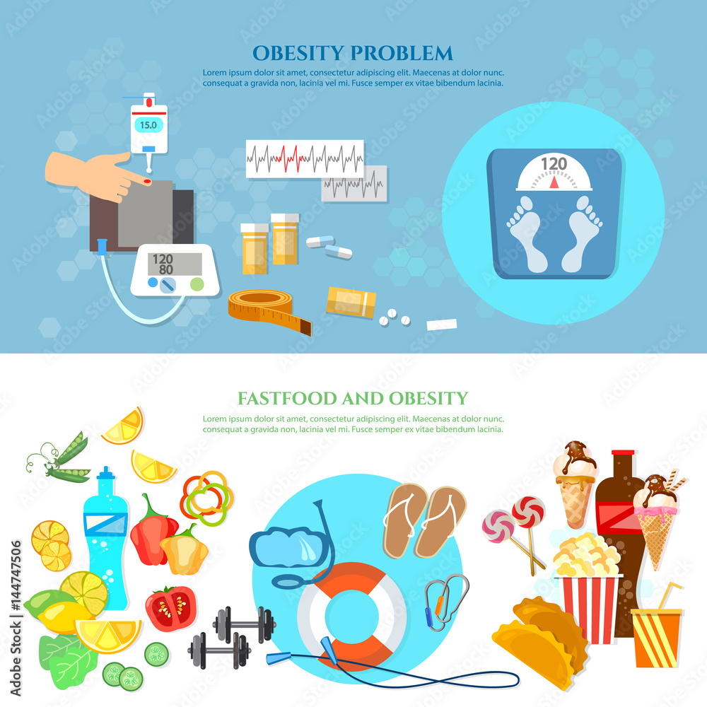 Obesity problem banner unhealthy eating diet sports and gymnastics ...