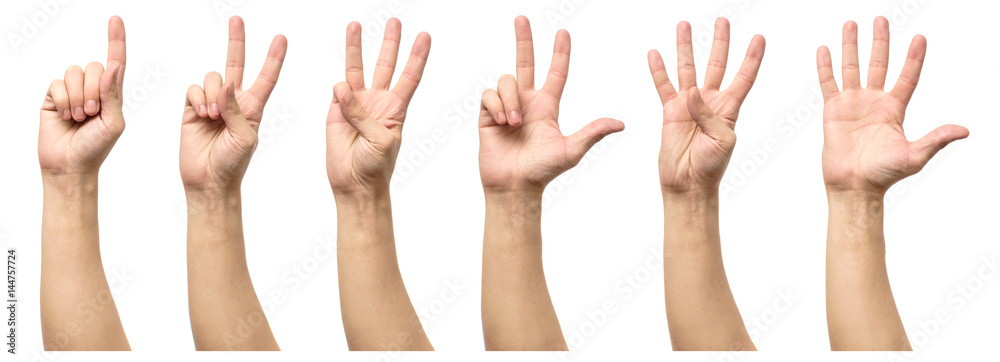 Five counting male hands isolated on white Stock Photo | Adobe Stock
