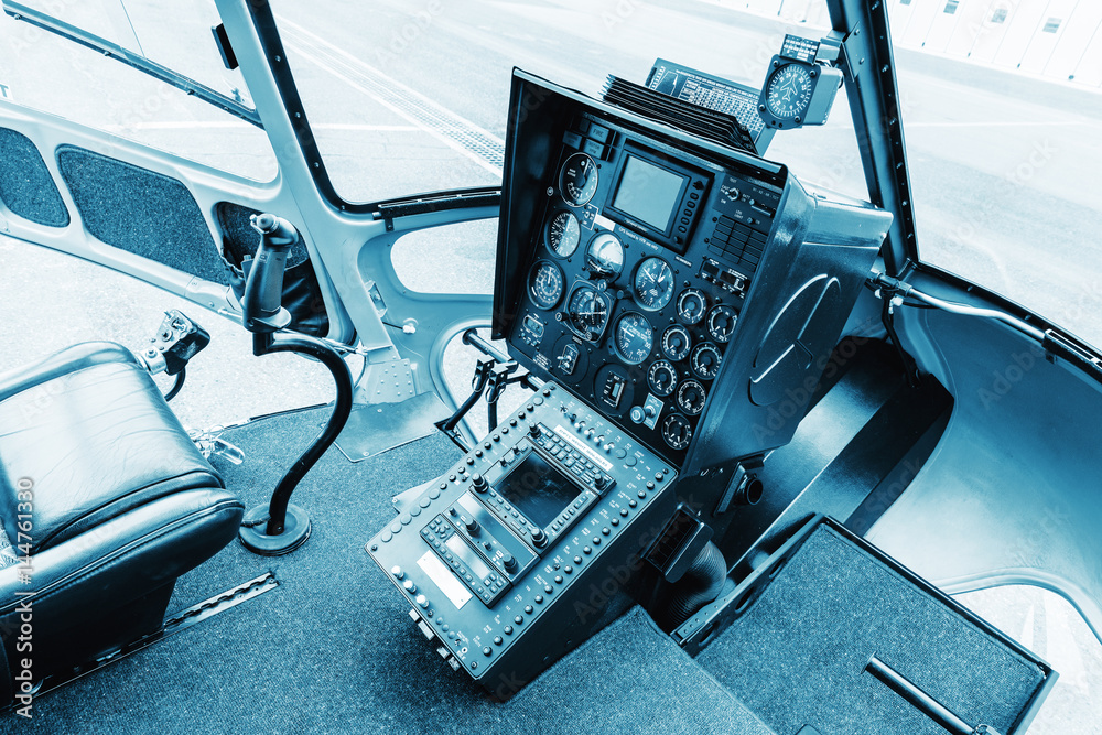 Cockpit helicopter - Instruments panel. Interior of helicopter control ...