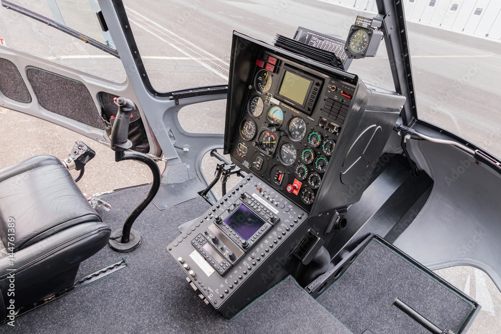 Cockpit helicopter - Instruments panel. Interior of helicopter control ...