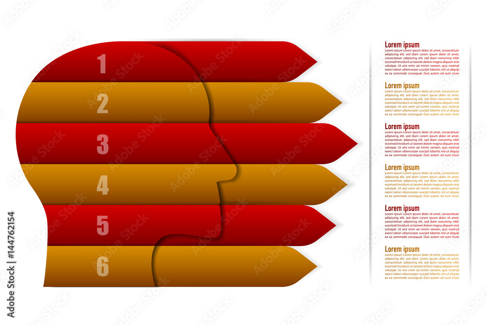 Six steps timeline infographics in head shape with arrows and text. Red ...