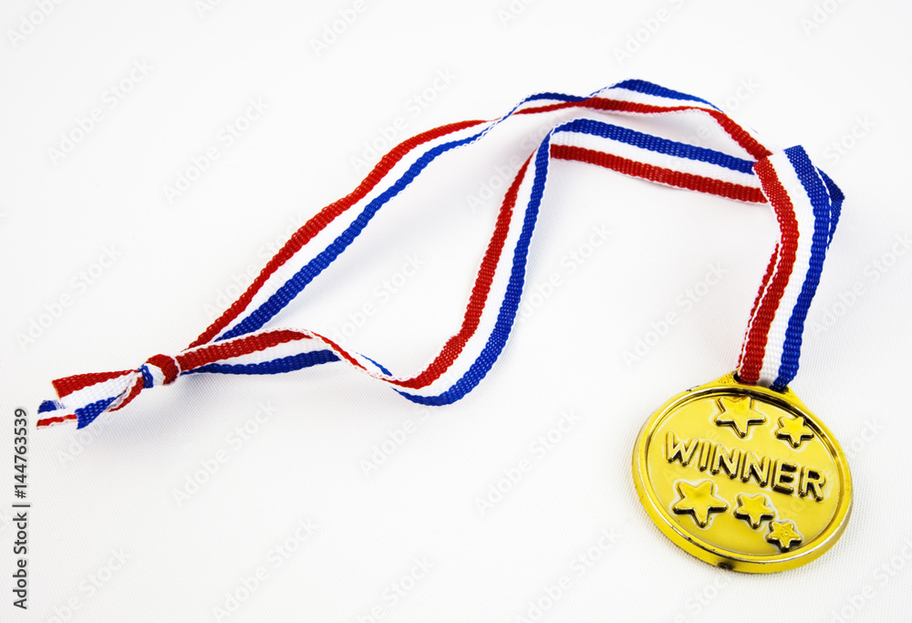 WINNER gold medal with red, white and blue lanyard. Isolated. Stock ...