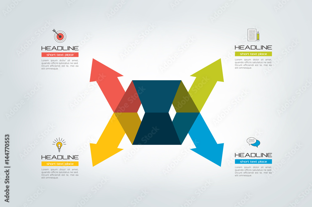 Arrow concept. 4 arrows divided. Template, scheme, diagram, chart ...
