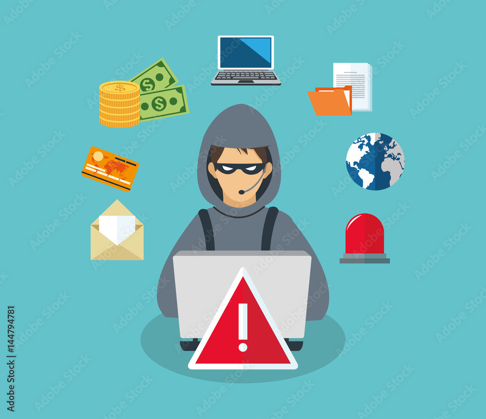 hacker man with cyber security icons around over blue background ...