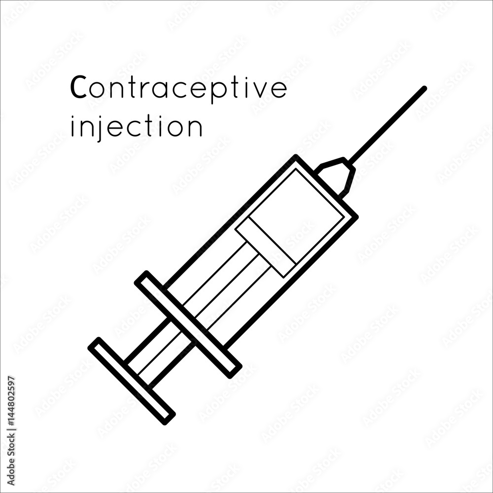 Contraceptive method - injection. Medical syringe with liquid. Female ...