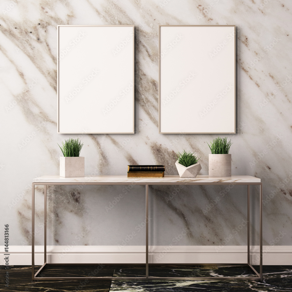 Mock up poster in the interior with a console table. 3D rendering Stock ...
