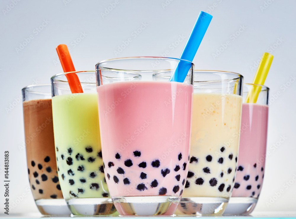 Glasses of fruity bubble tea with tapioca balls Stock Photo | Adobe Stock