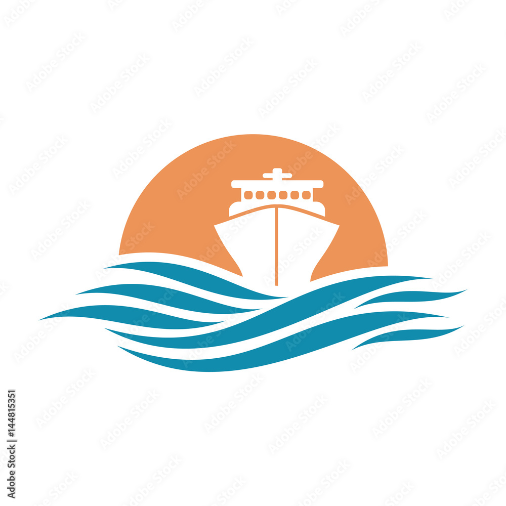 Abstract travel logo with ship and ocean. Ship icon. Cruise, tour ...