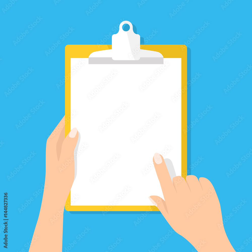 Hand holding clipboard. Vector illustration isolated on blue. White ...