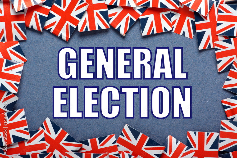 The words General Election in white text surrounded by union jack flags ...