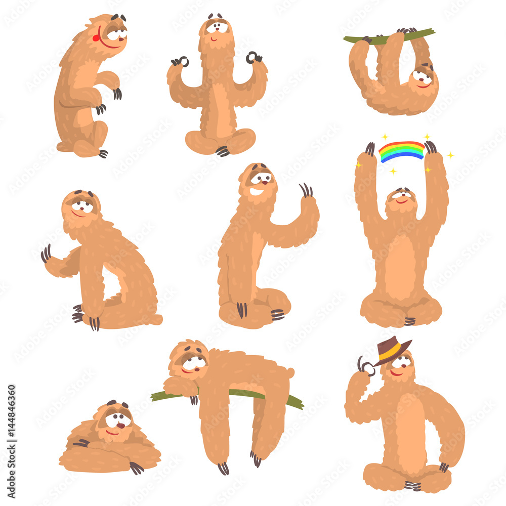 Sloth Animal Cute Cartoon Character Different Life Situations And ...