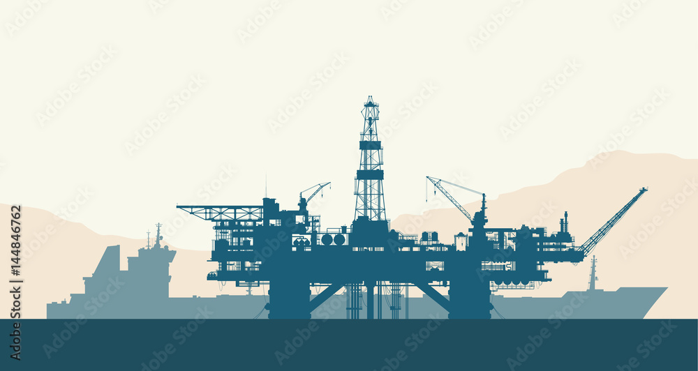 Sea offshore oil drilling rig and tanker silhouettes. Detail vector ...
