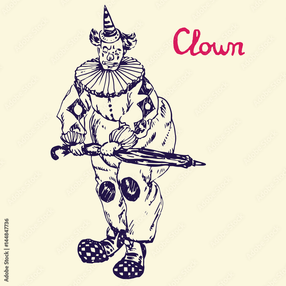 The clown is standing with umbrella, hand drawn doodle, sketch in pop ...