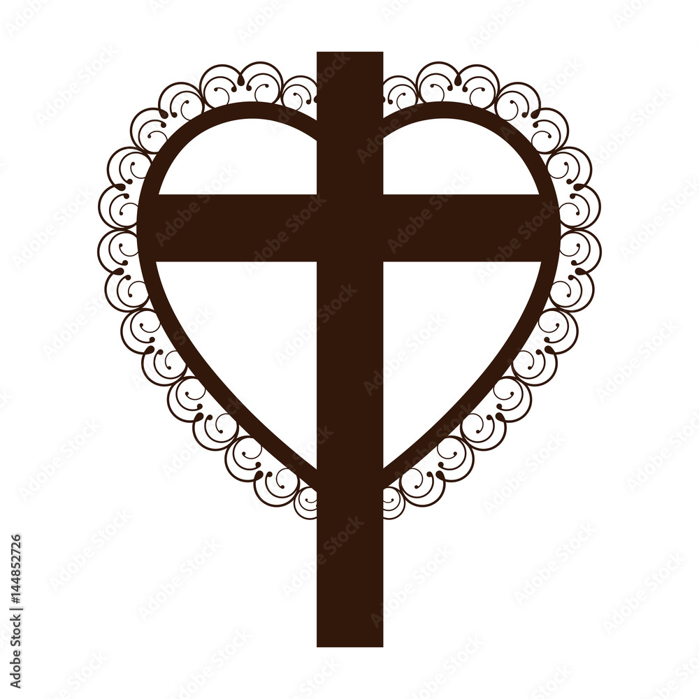 silhouette heart decorative frame with brown wooden cross vector ...