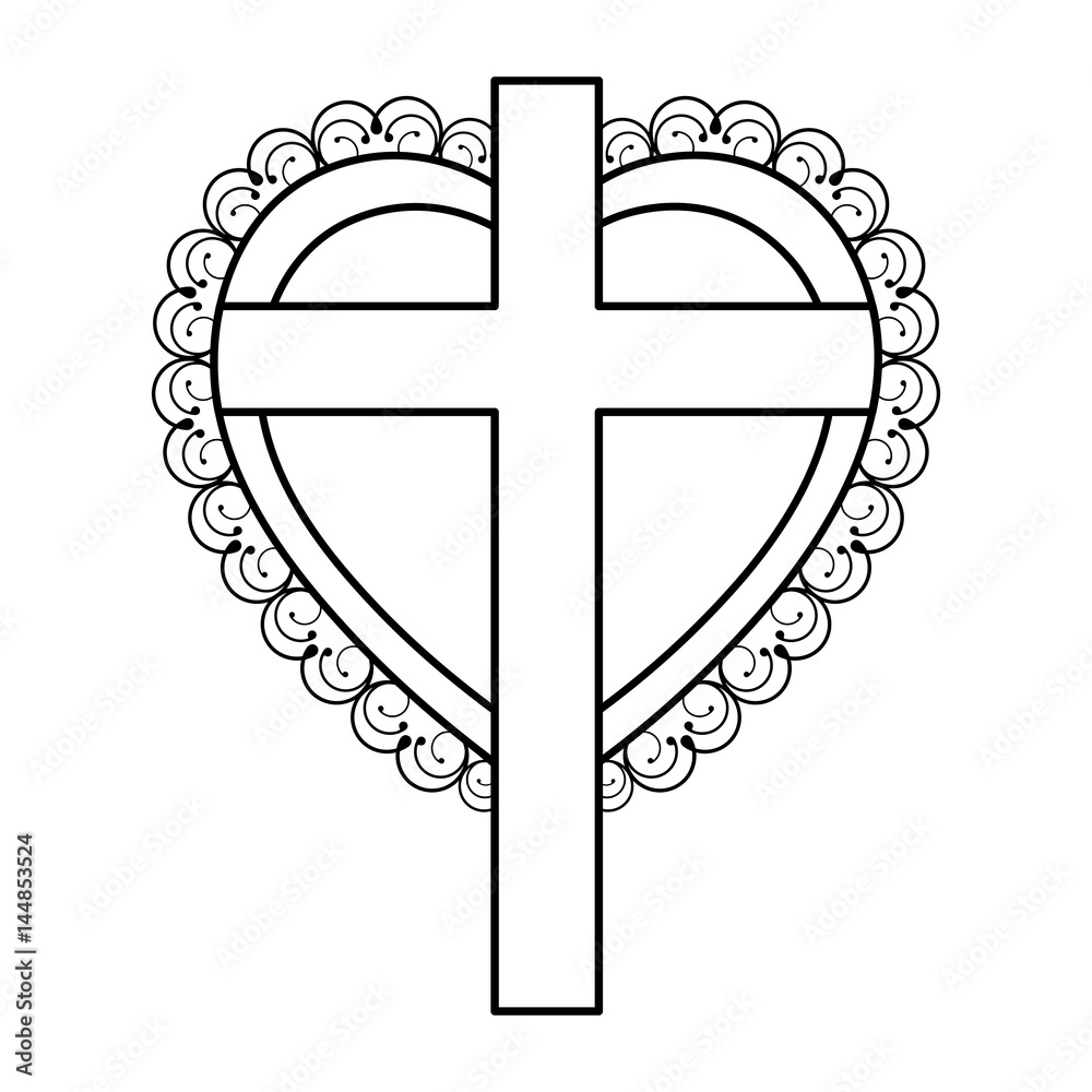silhouette heart decorative frame with wooden cross vector illustration ...