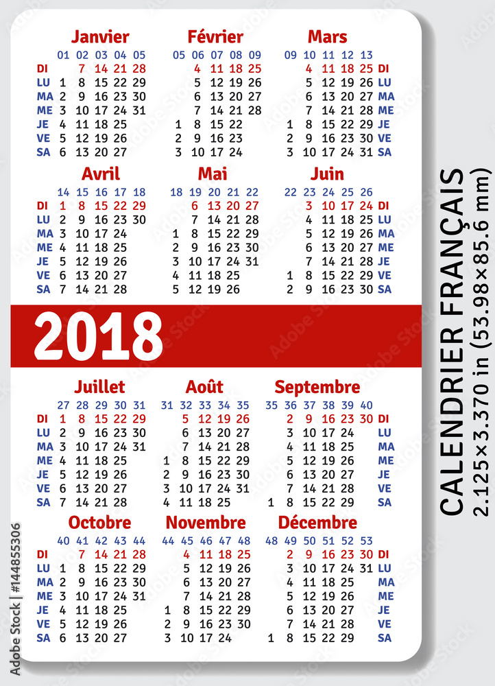 French pocket calendar for 2018, standard size ISO 7810 ID-1, vector ...