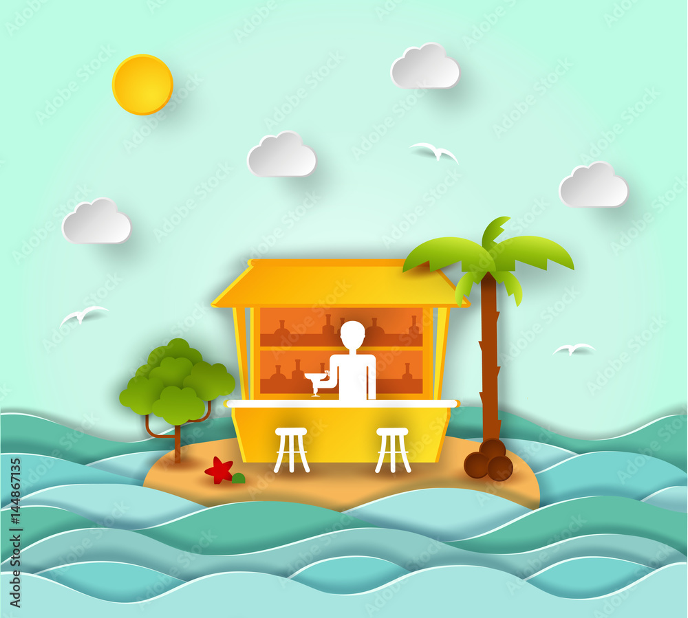 Paper art carving with cocktail bar with barman on tropical beach ...