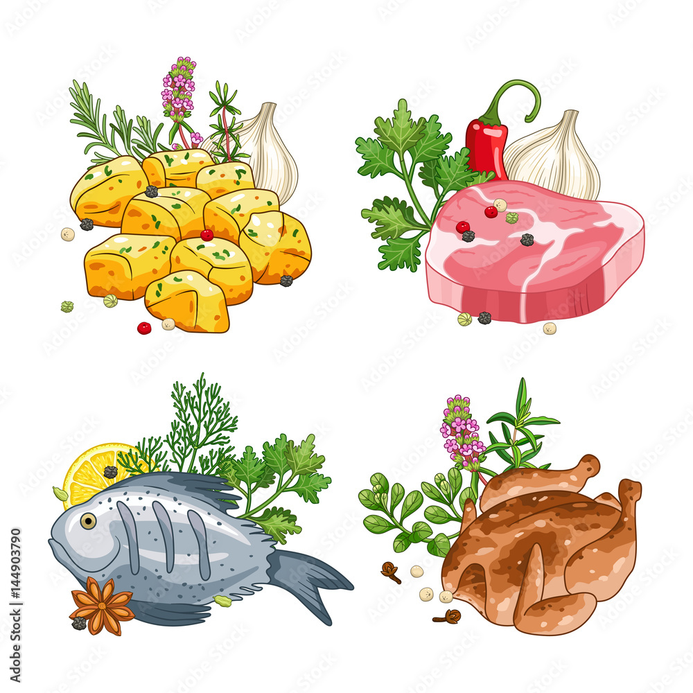 Food and meal vector set in cartoon style. Meat steak, chicken, fish ...