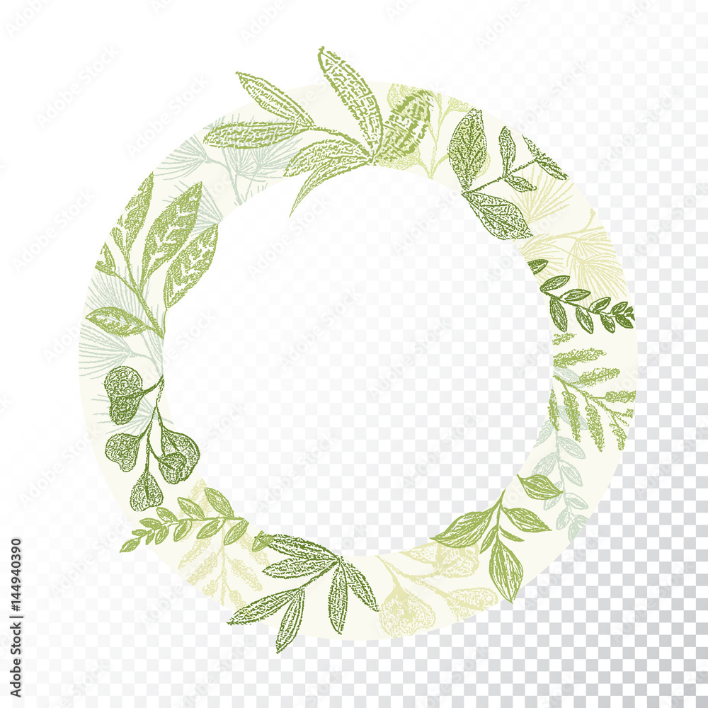Circle frame with green branches and leaves decoration. Round greenery ...