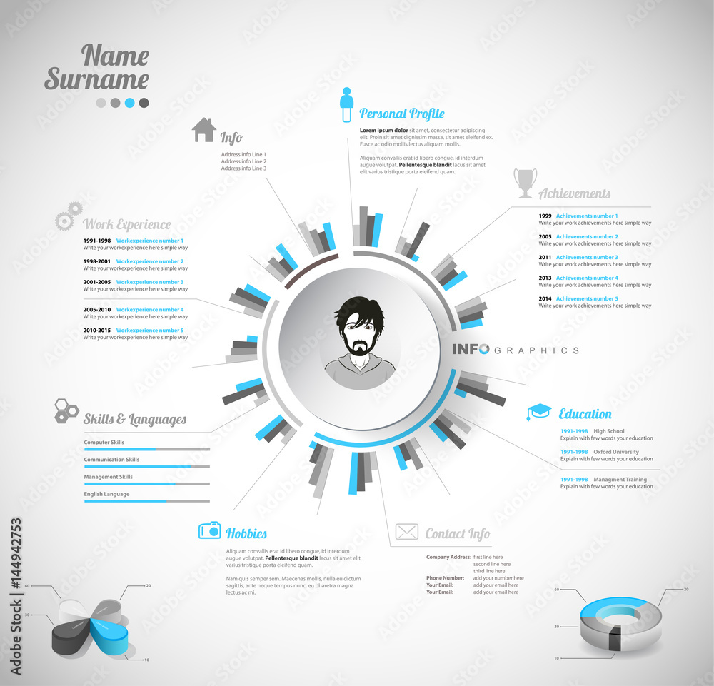Creative, color rich CV / resume template with circle in the center and ...