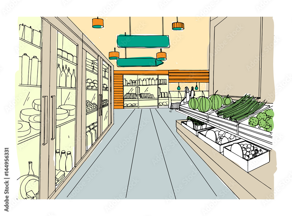 Supermarket interior hand drawn colorful illustration. Grocery store ...