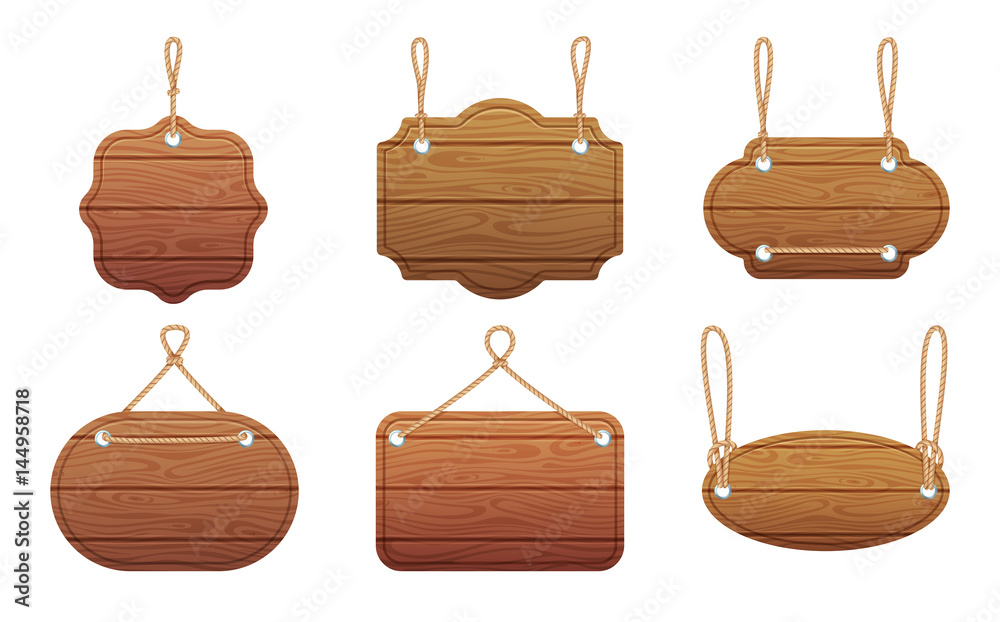 Hanging signs with wood texture isolate on white background. Vector ...
