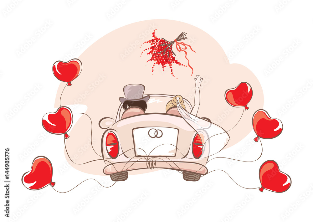 Wedding car / Vector illustration, card with bride and groom in car ...
