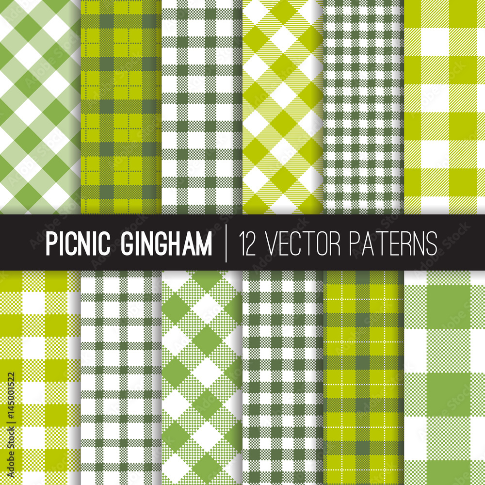 Green Picnic Tablecloth Gingham and Tartan Vector Patterns in Greenery ...