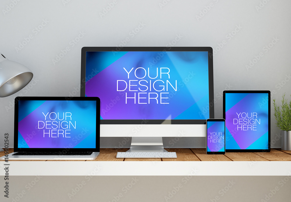 4 Devices on a Wooden Table Mockup 1 Stock Template | Adobe Stock