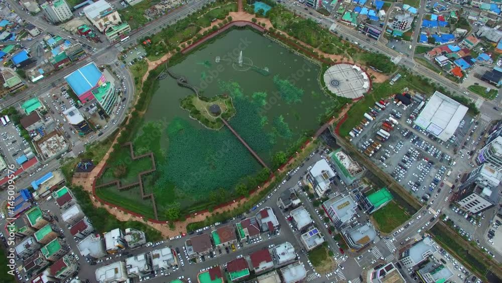 South Korea Aerial View of Seosan City, Beautiful Lake & Park ...