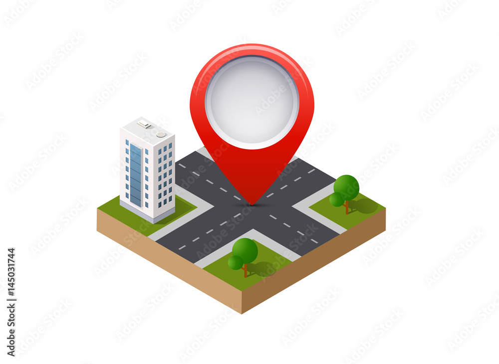 A navigation sign and pin symbol on city urban map indicating the ...