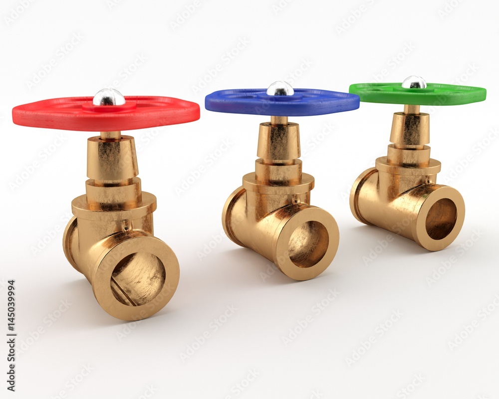 3D render of ball valves of red, blue and green valves. Isolated on ...