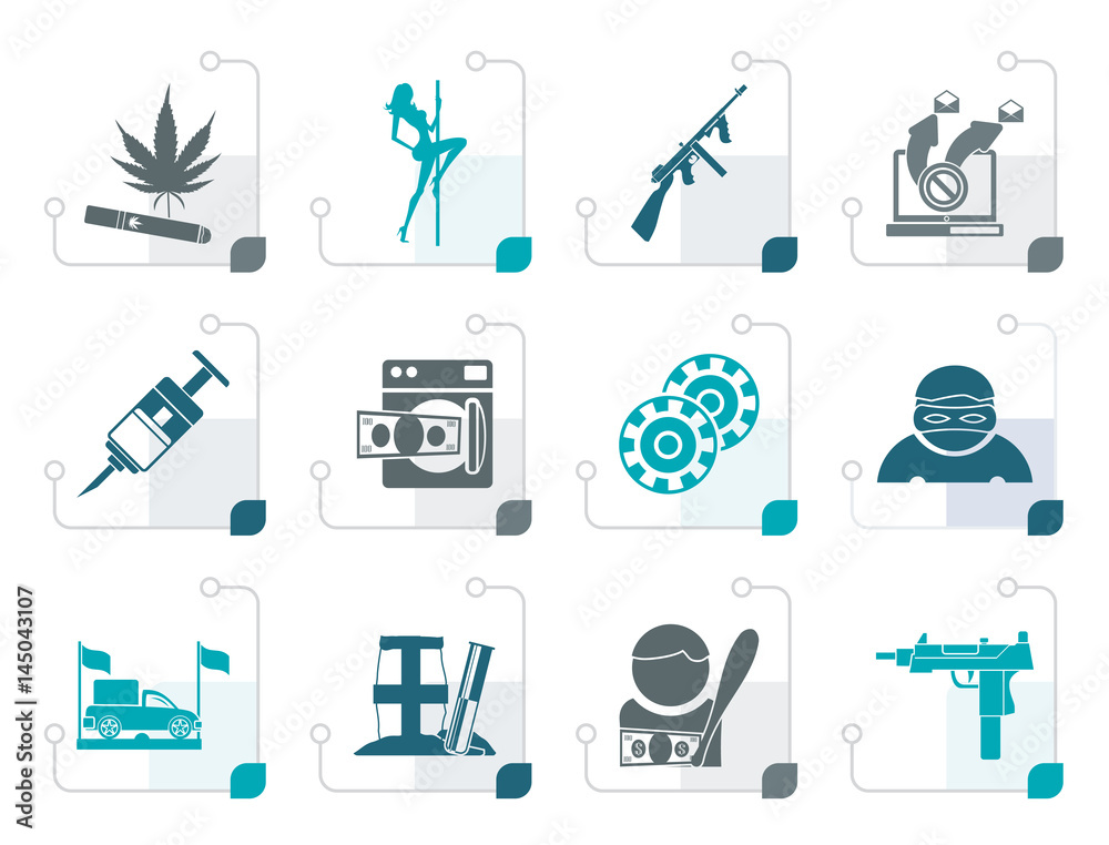 Stylized mafia and organized criminality activity icons - vector icon ...