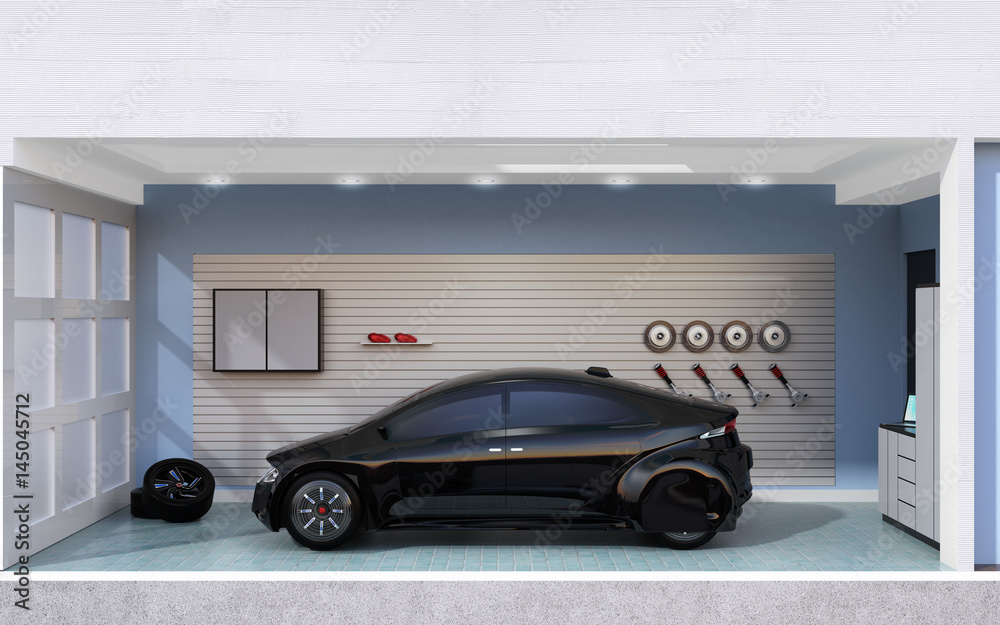 Side view of black car parking into a stylish garage. 3D rendering ...