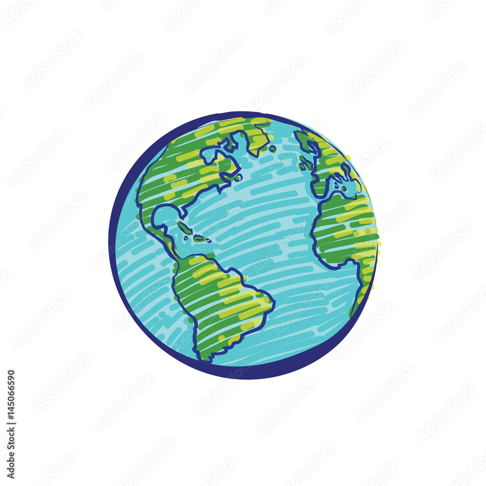 Earth icon hand-drawn on white background. World map in doodles or ...